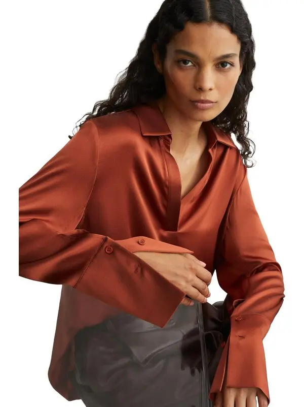 REISS Silk Open-collar Blouse With Buttoned Cuffs - Rust Orange