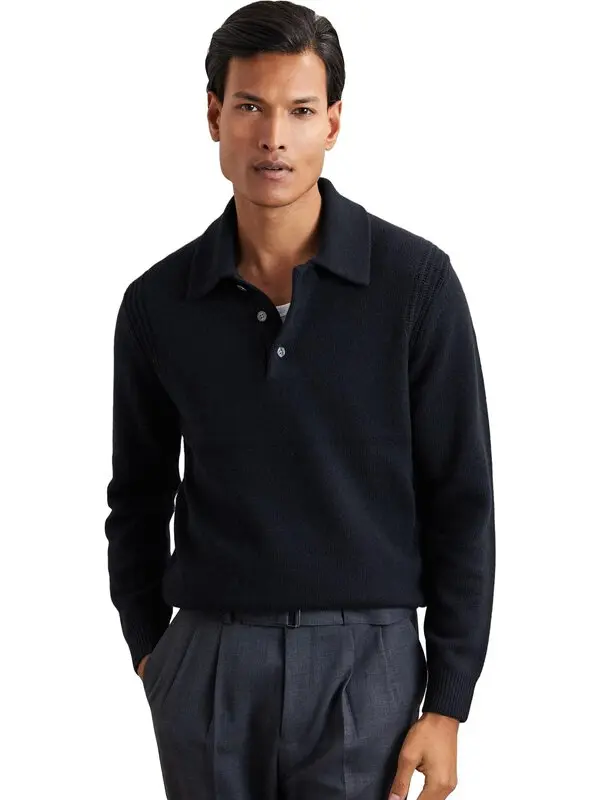 REISS Wool-blend Polo Jumper With Cashmere - Navy