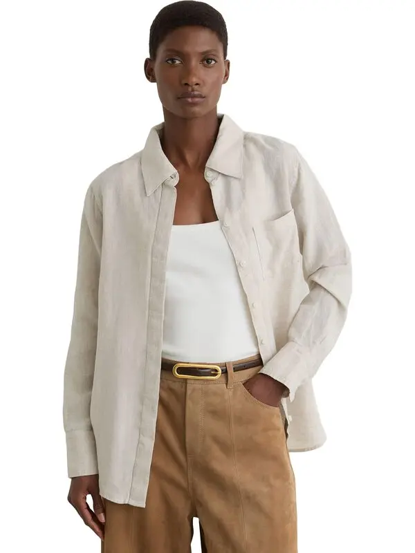 REISS Linen Button-through Shirt - Beige Neutral