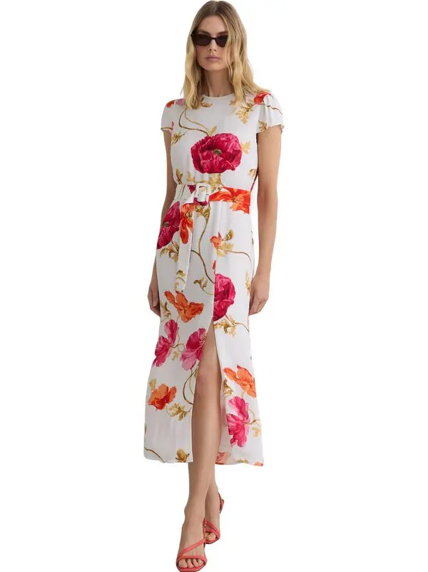 REISS Pink Floral-print Belted Midi Dress - Ivory/pink