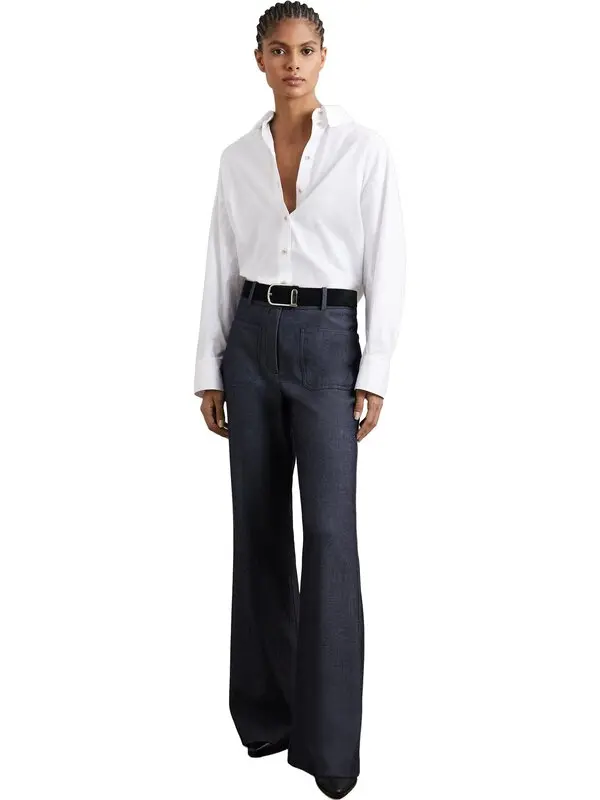 REISS Flannel Patch-pocket Flared Trousers With Wool - Blue