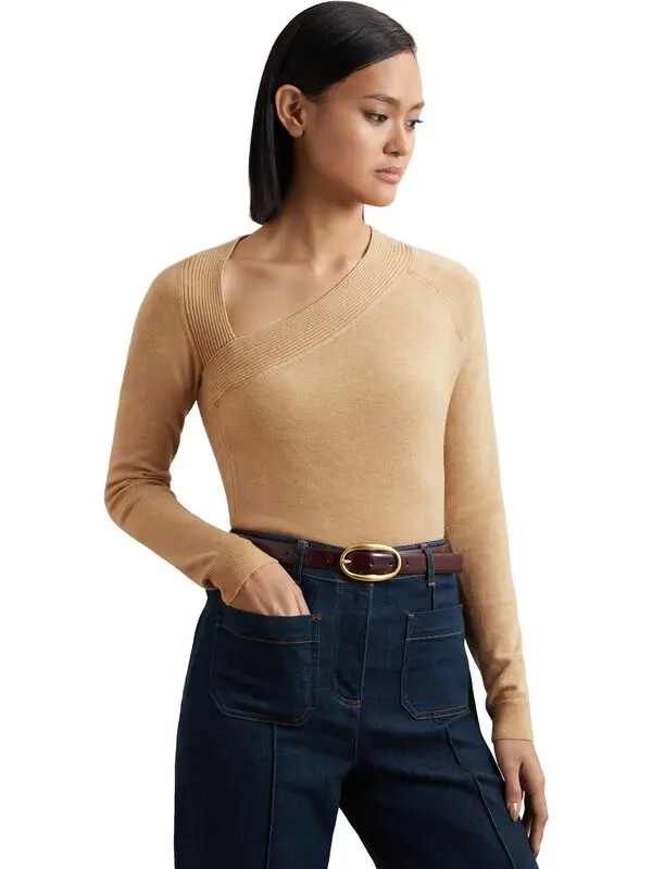 REISS Wool-blend Asymmetric Knit Top - Camel