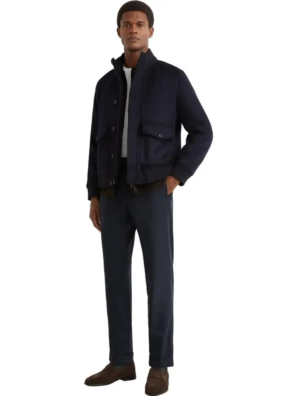 REISS Wool-blend Tapered Cuffed Trousers - Navy
