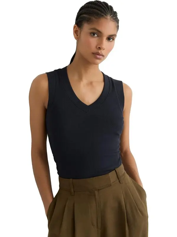 REISS Stretch-cotton Ribbed V-neck Vest With Ruched Detailing - Navy