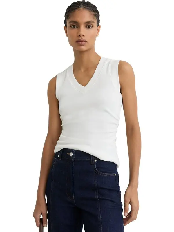 REISS Stretch-cotton Ribbed V-neck Vest With Ruched Detailing - White