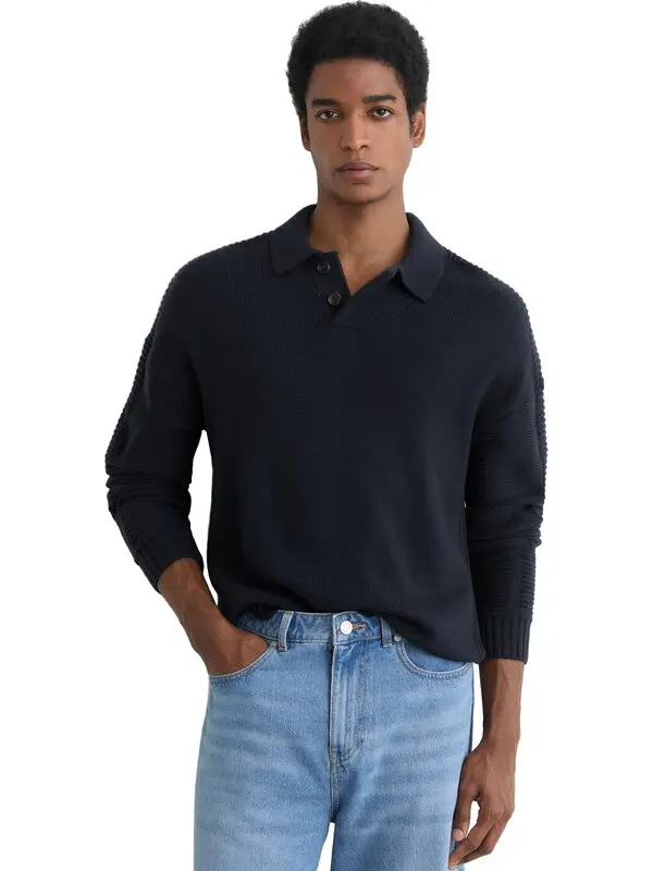 REISS Wool-blend Half-button Polo Jumper - Navy