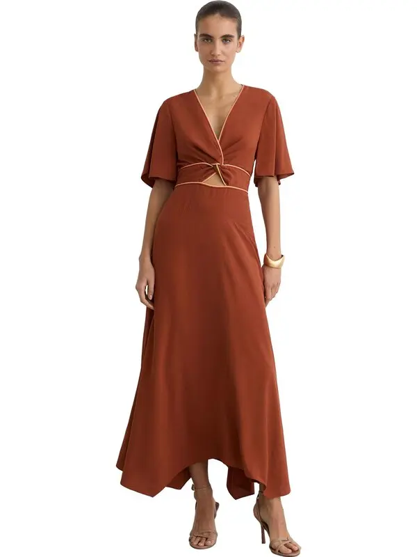 REISS Rosanna Rust Piped-trim Cut-out Midi Dress - Rust Orange