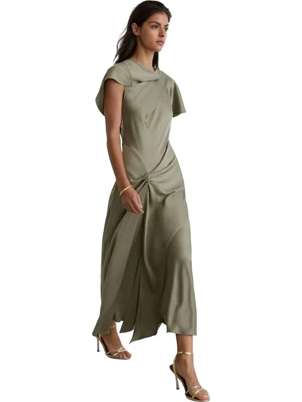 REISS Satin Drape-detail Midi Dress - Khaki