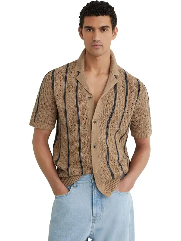 REISS Cotton-blend Textured-knit Stripe Shirt - Light Camel