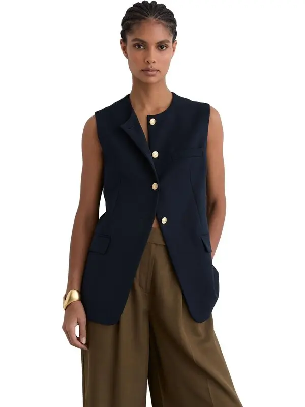 REISS Button-through Longline Waistcoat - Navy