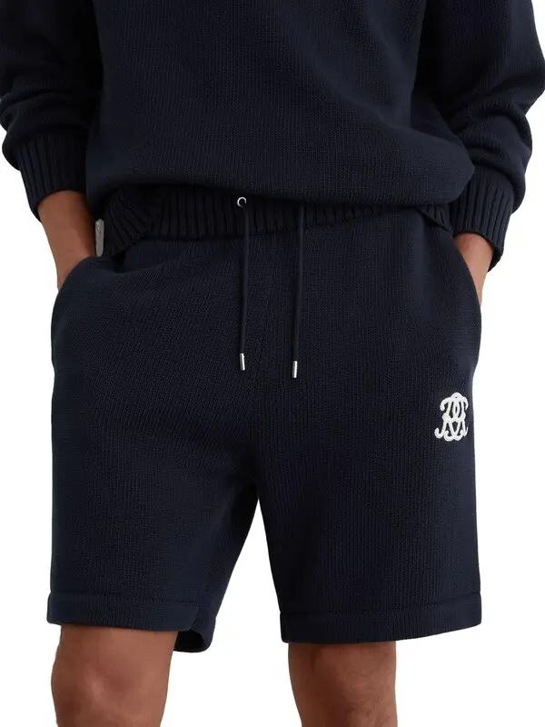 REISS Monogram Embroidered Relaxed Knit Shorts - Navy