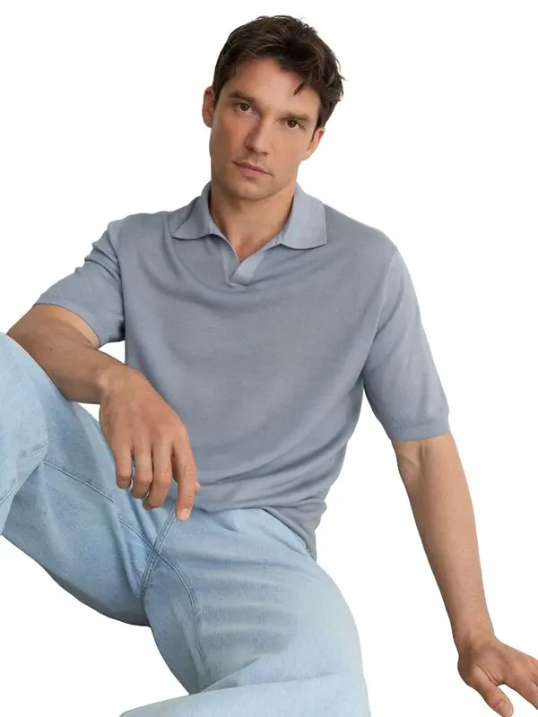 REISS Pigt-dyed Merino Wool Open-collar Polo Shirt - Soft Blue