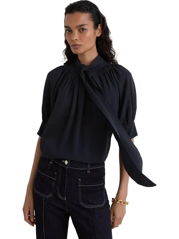 REISS Lerina Tie-neck Blouse - Navy