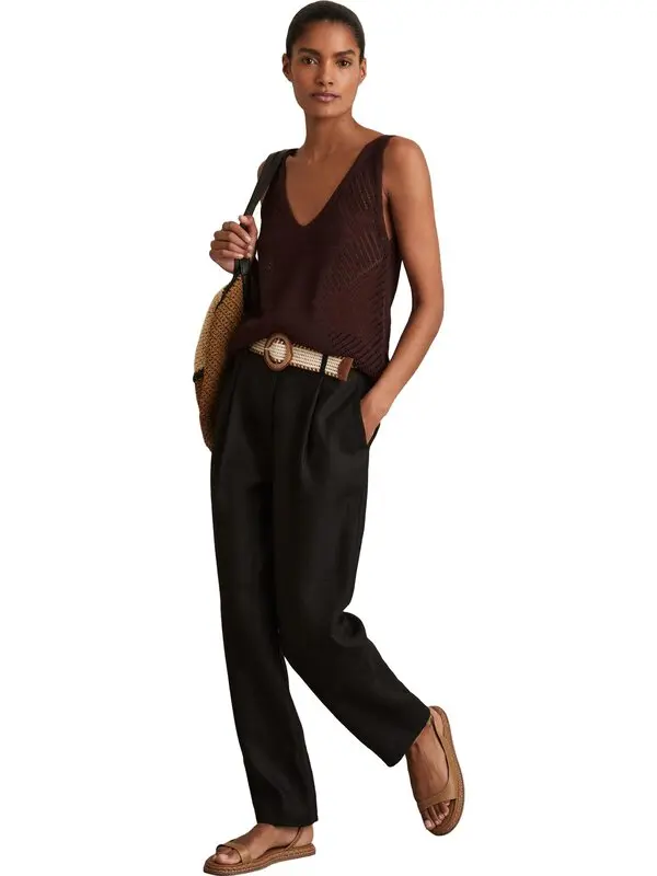 REISS Linen Belted Tapered Trousers - Black