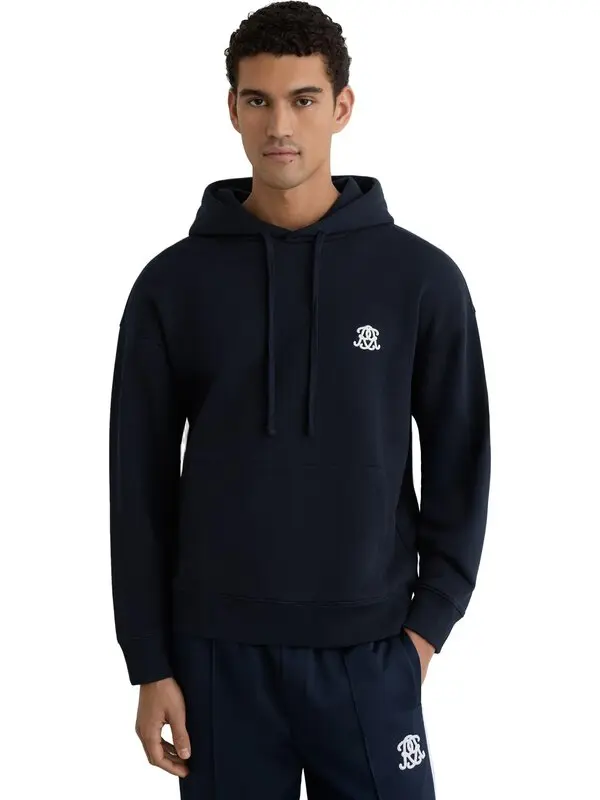 REISS Monogram Embroidered Relaxed Hoodie - Navy