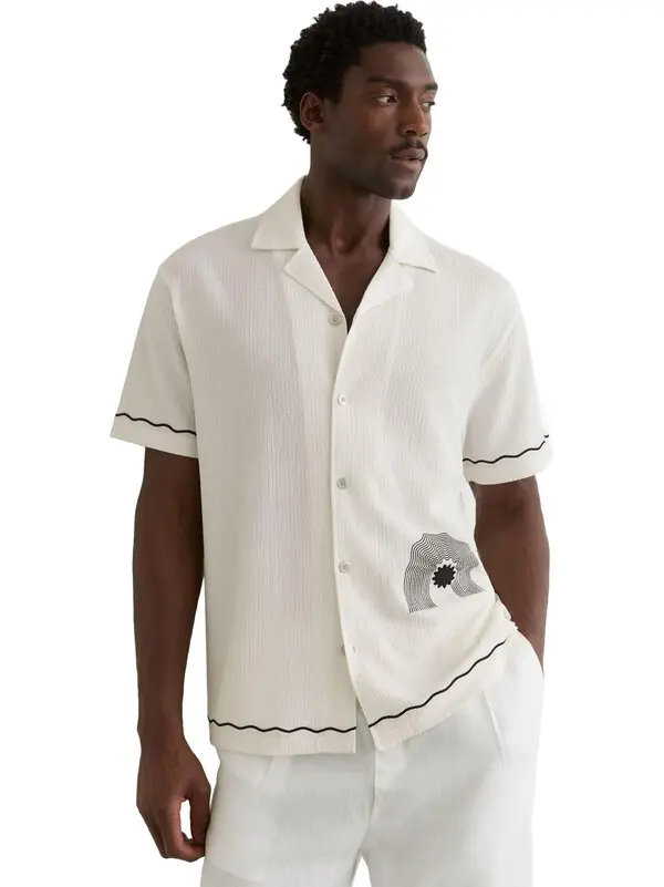 REISS Textured Motif-print Cuban-collar Shirt - White