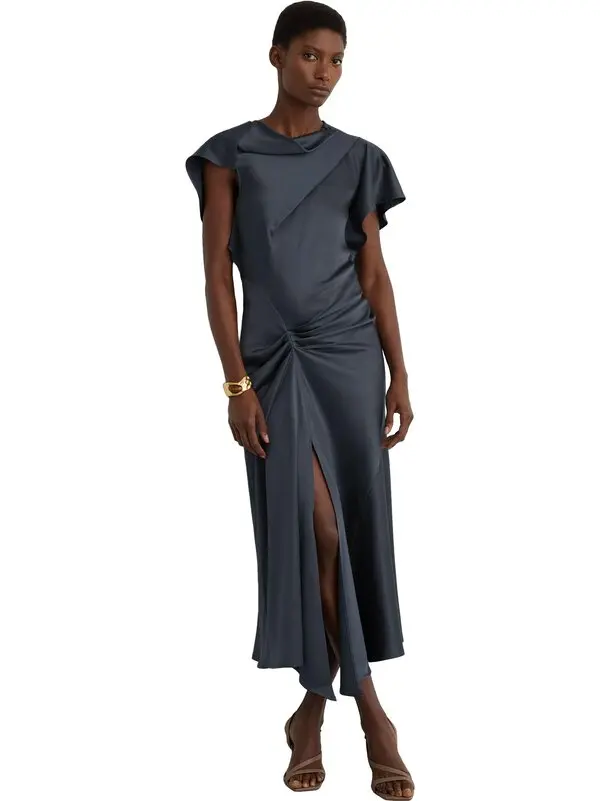 REISS Satin Drape-detail Midi Dress - Grey