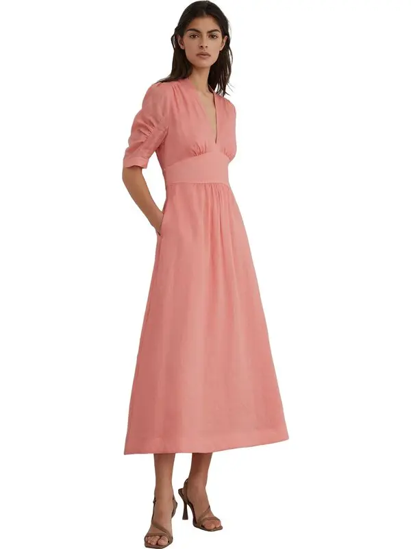 REISS Short-sleeve Waisted Midi Dress - Pink