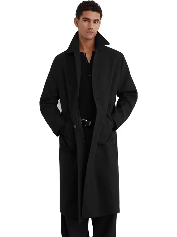 REISS Wool-blend Twill Single-breasted Overcoat - Black