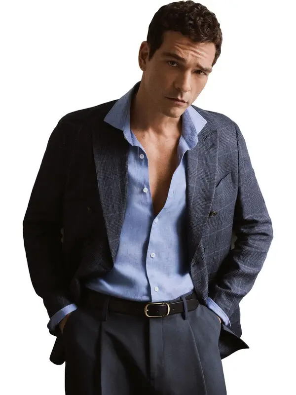 REISS Linen Check Double-breasted Tailored-fit Blazer - Navy