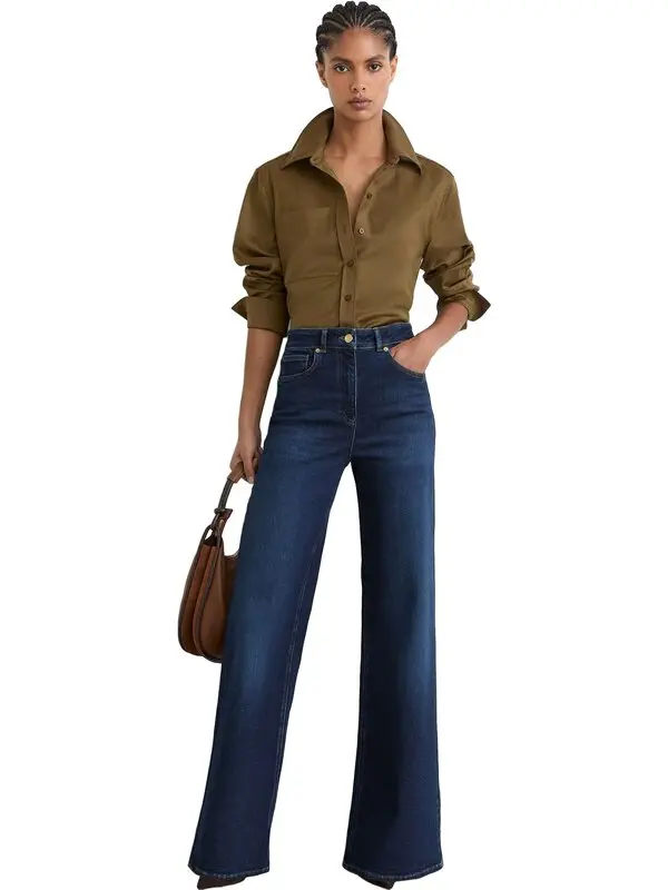 REISS Cotton- Wide-leg Jeans - Dark Blue