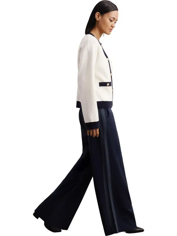 REISS Knitted Side-stripe Wide-leg Trousers - Navy