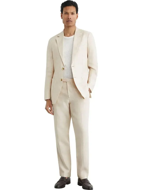REISS Tailored Fit Linen-twill Tailored-fit Suit Trousers - Stone