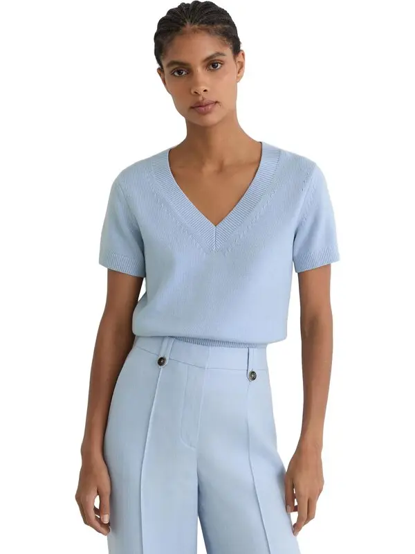 REISS Cotton-wool Knit V-neck Top - Soft Blue