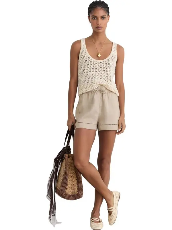 REISS Linen Ladder-embroidery Shorts - Neutral