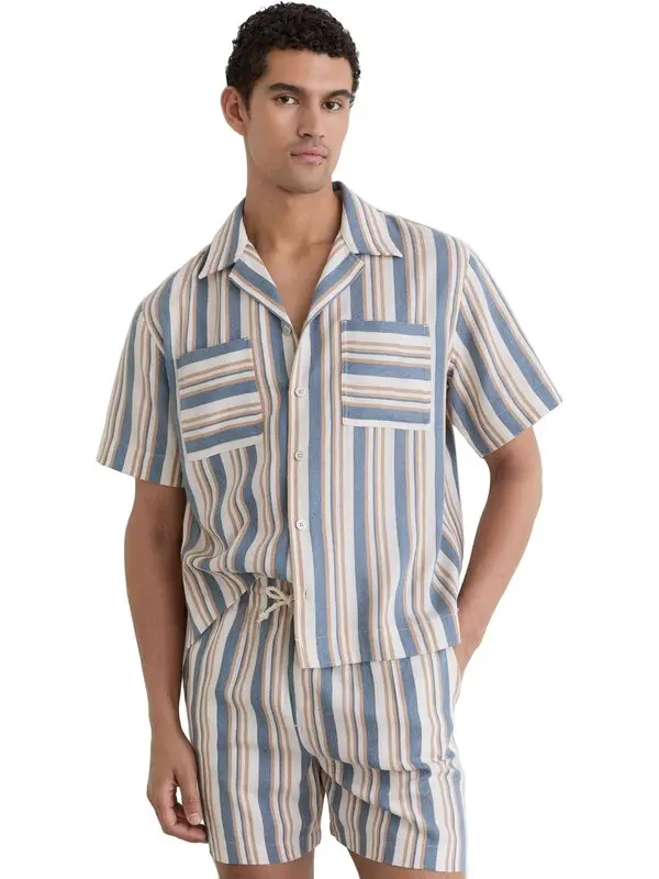 REISS Blue & Ecru Striped Cuban-collar Shirt - Blue/ecru