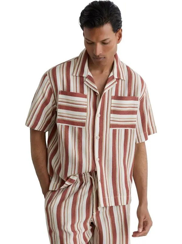 REISS Blue & Ecru Striped Cuban-collar Shirt - Red/stone