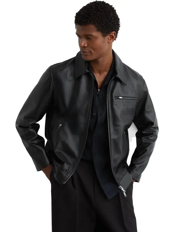 REISS Leather Zip-through Jacket - Black