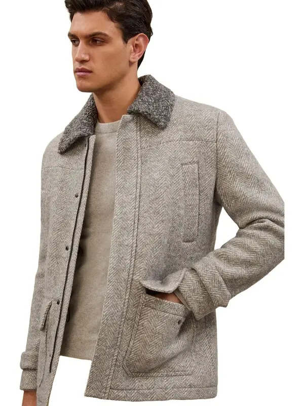 REISS Atelier Wool-cotton Herringbone Jacket With Faux Shearling Collar - Grey