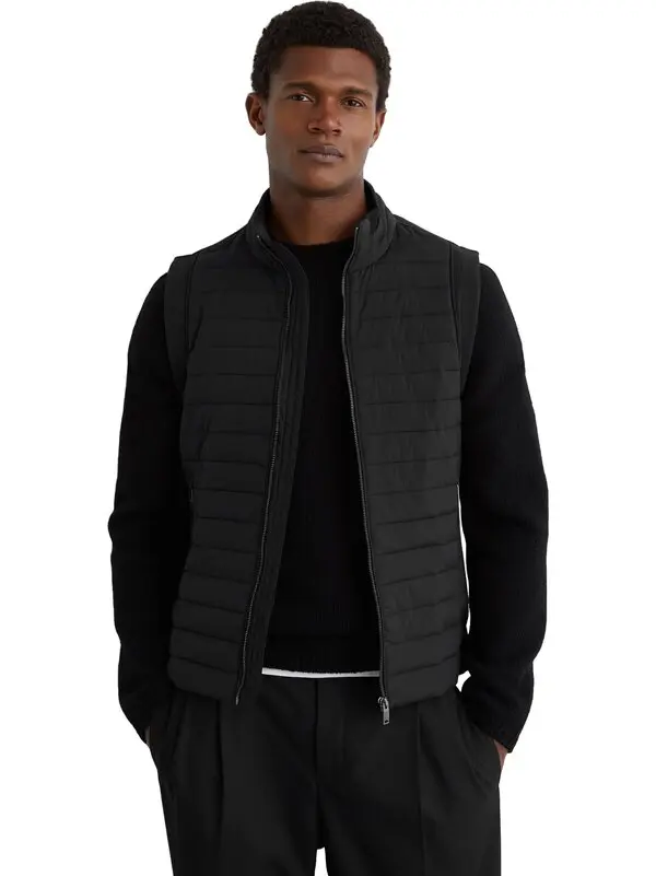 REISS Quilted And Knit Zip-through Gilet - Black