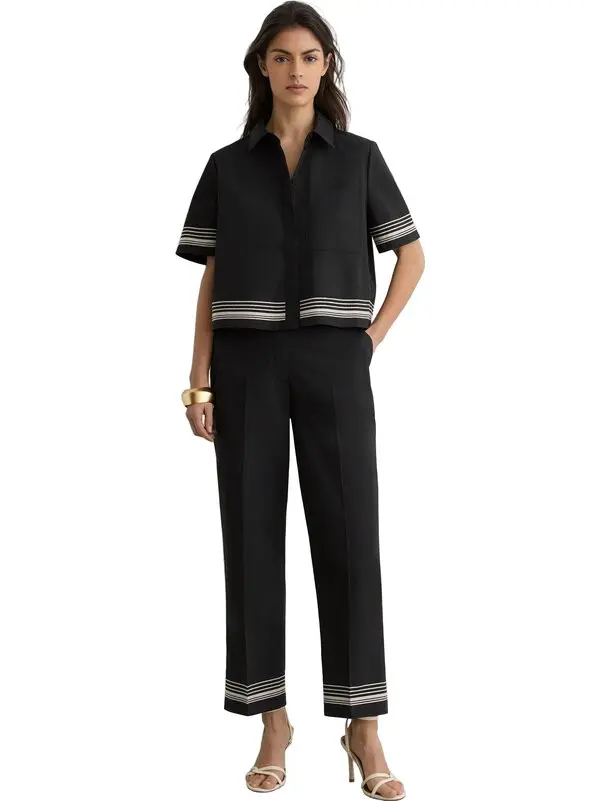 REISS Cotton Stripe-detail Tapered Trousers - Black/ivory