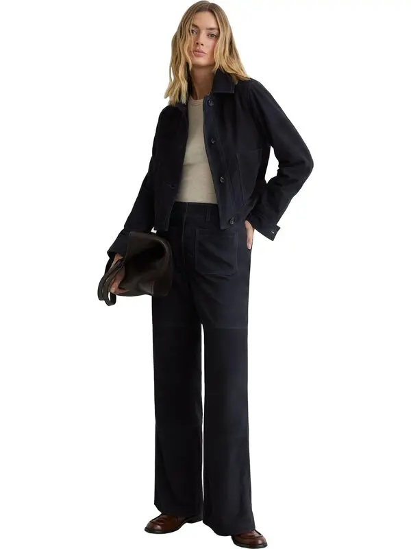 REISS Petite Suede Patch-pocket Flared Trousers - Navy