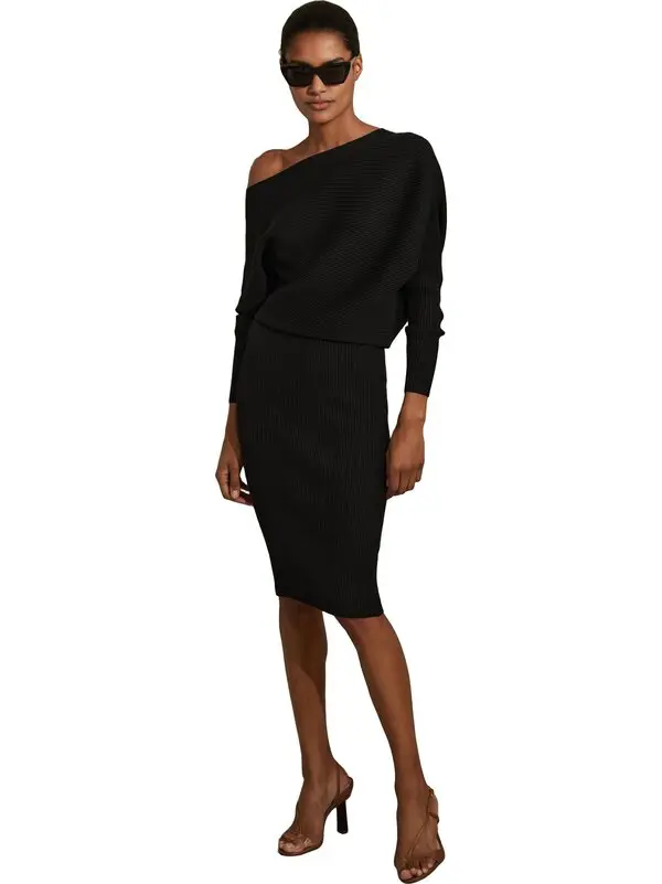 REISS Ribbed Off Shoulder Midi Dress - Black