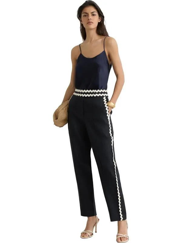 REISS Mila Linen Wave-trimed Trousers - Navy