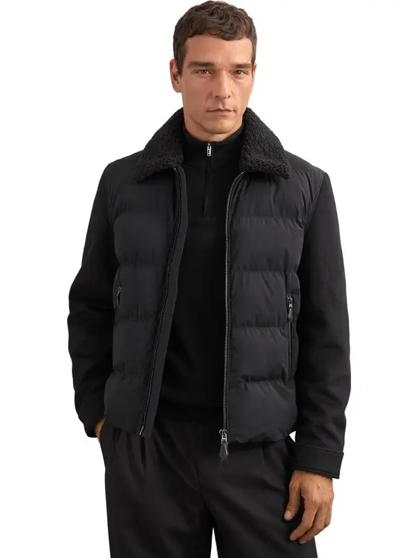 REISS Wool-sleeve Quilted Puffer Jacket With Faux Shearling Collar - Black