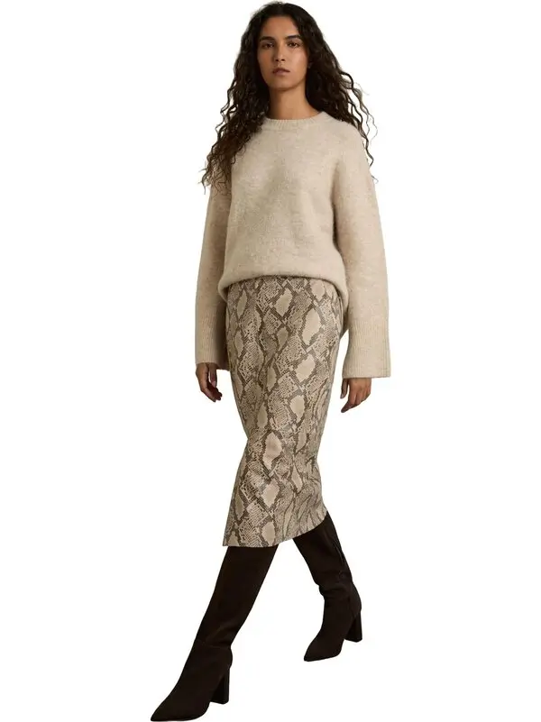 REISS Missa Pencil Skirt Leather Snakeskin - Neutral