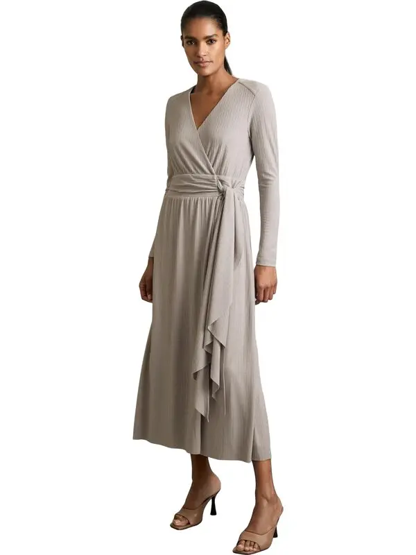 REISS Ribbed Wrap Midi Dress - Light Grey