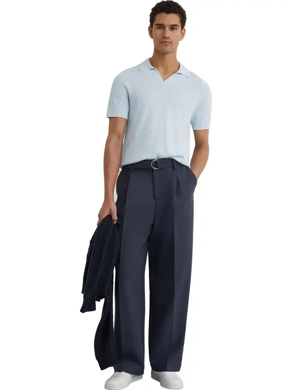 REISS Open-collar Textured-knit Polo Shirt - Soft Blue