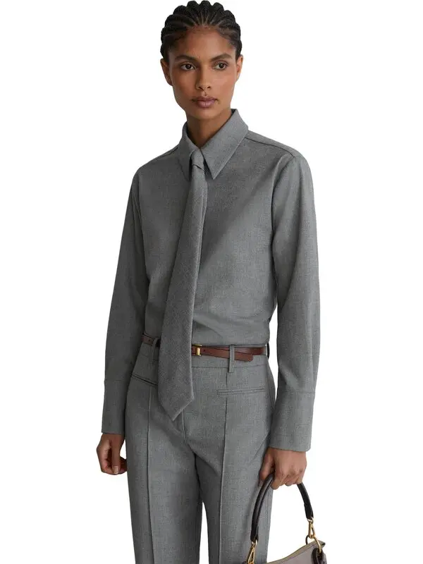 REISS Woven Neck-tie Long-sleeve Shirt - Grey