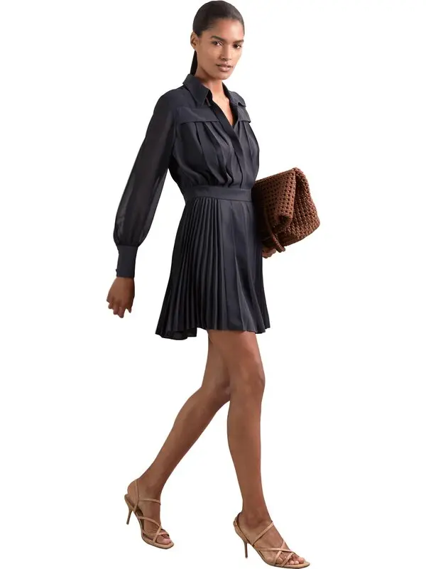 REISS Pleated Sheer Sleeve Mini Dress - Navy