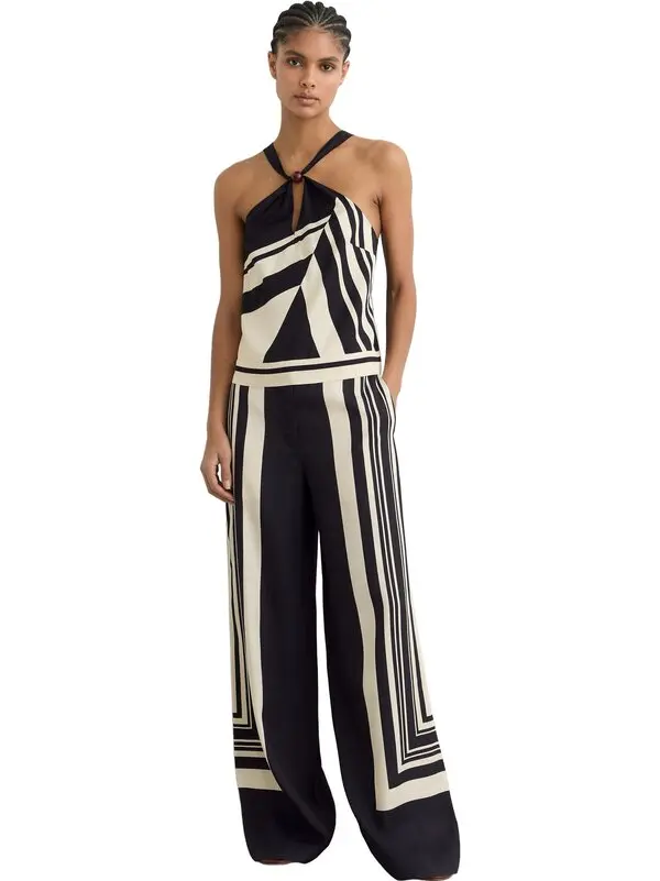 REISS Scarf-print Wide-leg Trousers - Black