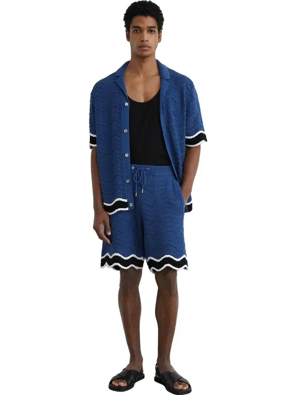 REISS Cotton-blend Wave-knit Tipped Shorts - Blue