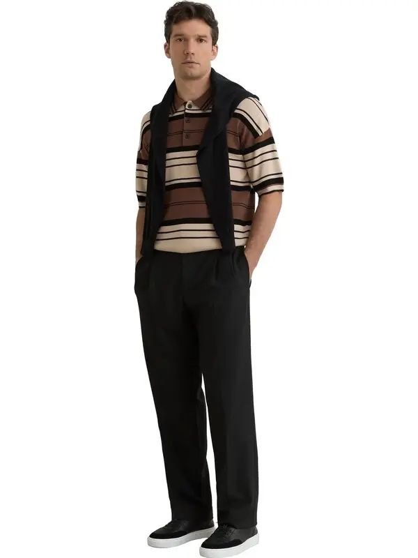 REISS Stripe Knit Half-button Polo Shirt - Camel Multi