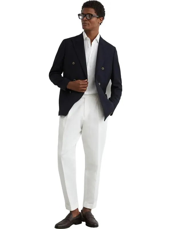REISS Wool Herringbone Double-breasted Blazer Tailored-fit - Navy