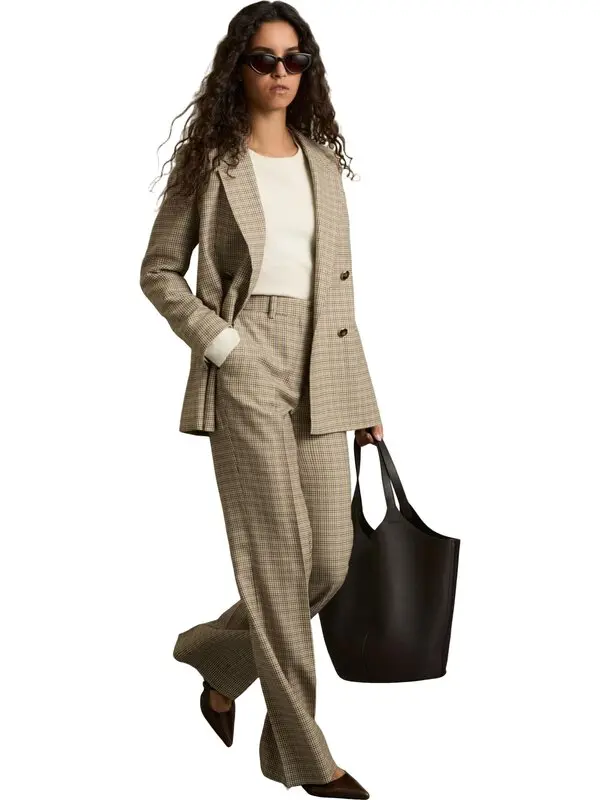 REISS Wool Wide-leg Houndstooth-check Trousers - Brown Check