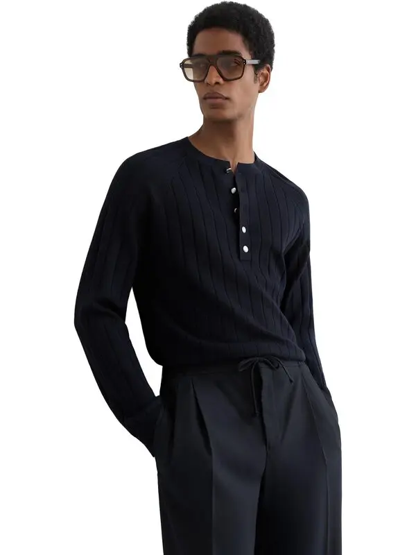 REISS Wide-rib Knit Henley Jumper - Navy